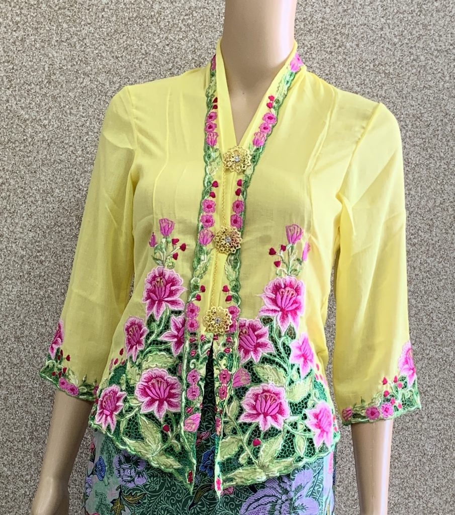 3/4 Sleeves Yellow Kebaya With Big Pink Floral Motif (S) – WeloveKebaya